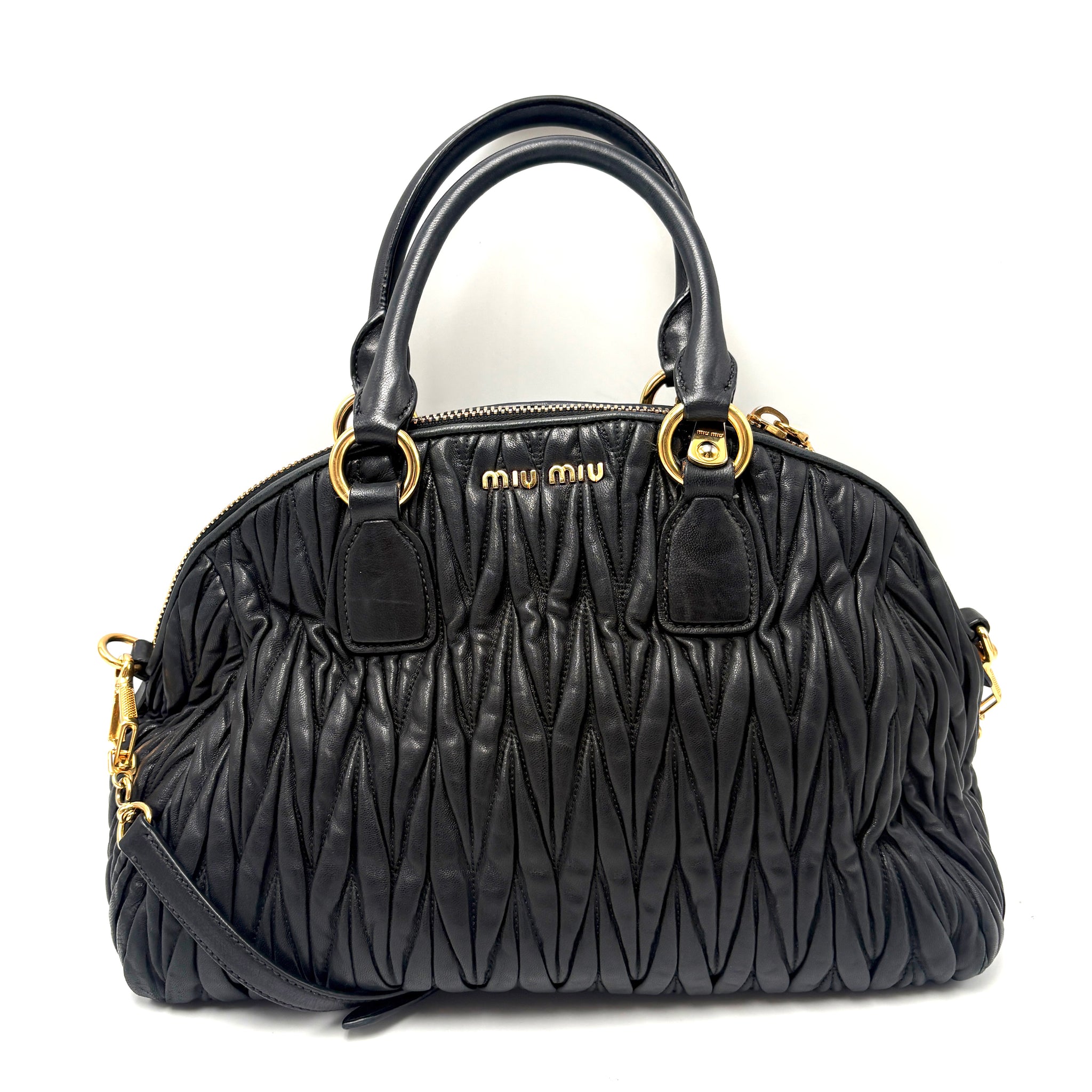Miu Miu Matelassé Lambskin Leather Double Handle Handbag Black